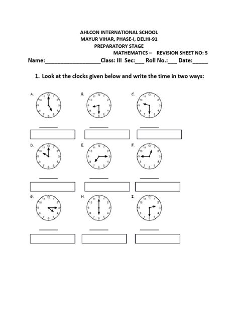 Time Class 3 Revision Sheet 5 Pdf
