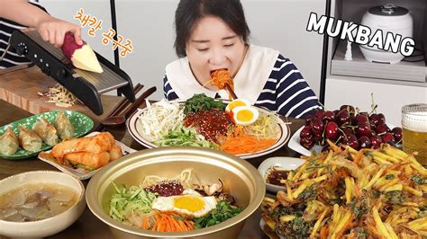 요리 먹방 🍠고구마 야채튀김비빔밥과 쫄면 오늘 야채파뤼~~네요☺️ Youtube