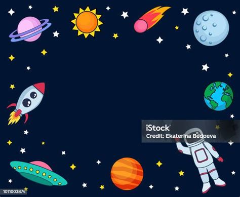 공간 우주 비행사와 귀여운 화려한 배경 템플릿 별 행성 Ufo 로켓 우주선 지구 태양과 혜성 어두운 배경에 화성 0명에 대한 스톡 벡터 아트 및 기타 이미지 Istock