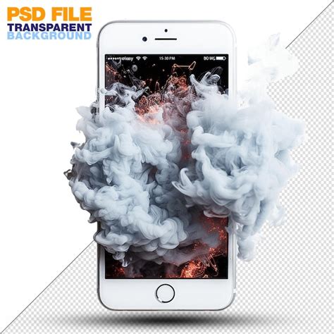 Из смартфона на прозрачном фоне выходит дым Премиум Psd Файл