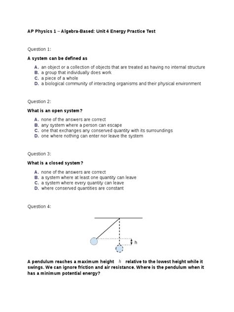 Ap Physics 1 Energy Practice Test Pdf Kinetic Energy Classical