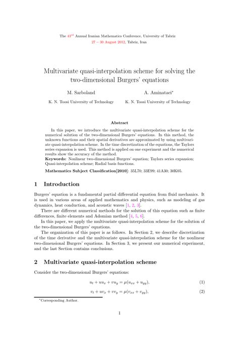 Pdf Multivariate Quasi Interpolation Scheme For Solving The Two Dimensional Burgers Equations