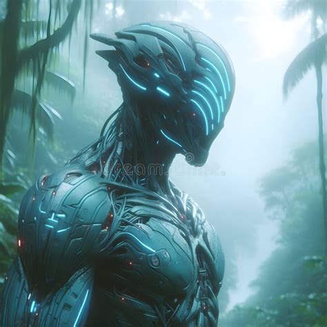 Blue Colored Alien Creatures With Soft Neon Lights In The Forest Stock