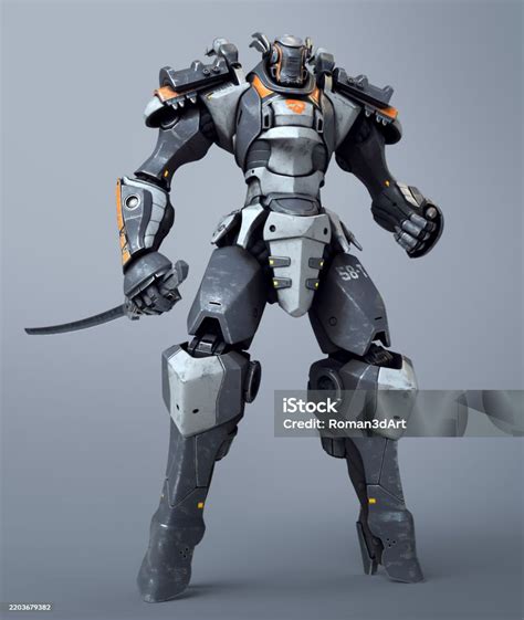 3d 렌더링 기계 사무라이 전사가 서서 손에 카타나 검을 들고 있습니다 주먹을 꽉 쥔 로봇 손 흰색과 회색 금속을 가진 미래 형 로봇 회색 배경에 공상 과학 기계 전투 기사