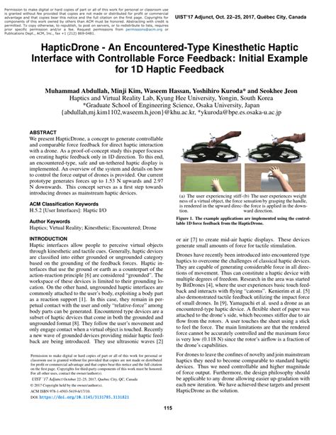 Pdf Hapticdrone An Encountered Type Kinesthetic Haptic Interface With Controllable Force
