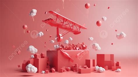 이미지는 3d 애니메이션 제목의 일부입니다 3d 렌더링 디자인 하늘에 빨간 비행기 비행 및 산란 선물 상자의 종이 예술 스타일 고화질 사진 사진 배경 일러스트 및 사진