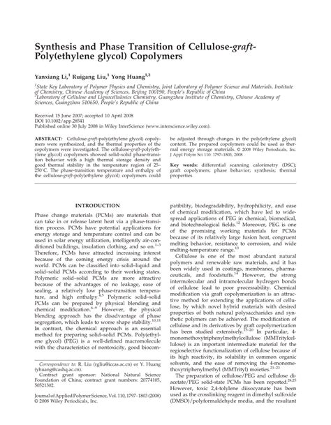 Pdf Synthesis And Phase Transition Of Cellulose‐graft‐polyethylene Glycol Copolymers