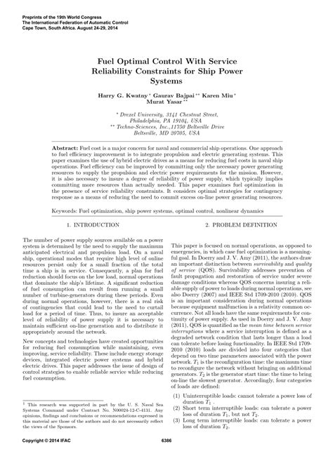 Pdf Fuel Optimal Control With Service Reliability Constraints For Ship Power Systems