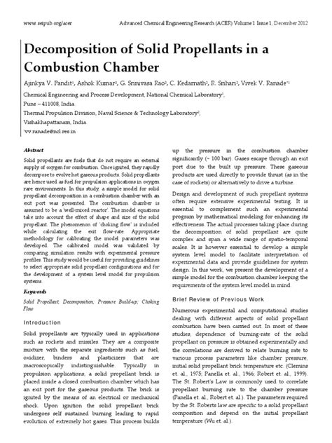 Decomposition Of Solid Propellants In A Combustion Chamber Pdf
