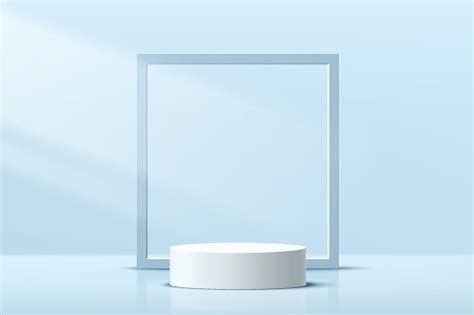 파란색 기하학적 사각형 프레임을 배경으로 한 현대적인 화이트 실린더 받침대 연단 추상 파스텔 블루 컬러 최소 벽 장면 벡터 렌더링 3d 모양 화장품 디스플레이 프리젠 테이션