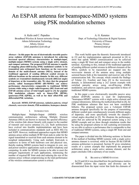 Pdf An Espar Antenna For Beamspace Mimo Systems Using Psk Modulation