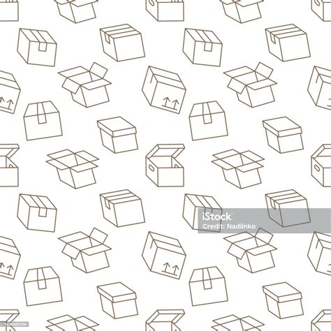 배달 상자 배경 화물 패키지 원활한 패턴 다양한 오픈 및 폐쇄 골판지 상자 소포 평면 선 아이콘 창고수납 벡터 일러스트 브라운 화이트 칼라 0명에 대한 스톡 벡터 아트 및