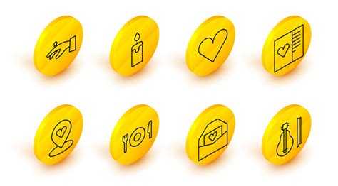 세트 라인 바이올린 발렌타인 하트 접시 포크와 나이프 위치 엽서 심장 불타는 촛불 및 결혼 반지 손 아이콘과 봉투 벡터 3차원