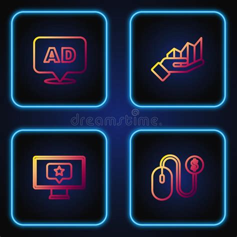 Set Line Advertising Monitor With Star And Pie Chart Infographic Gradient Color Icons Stock