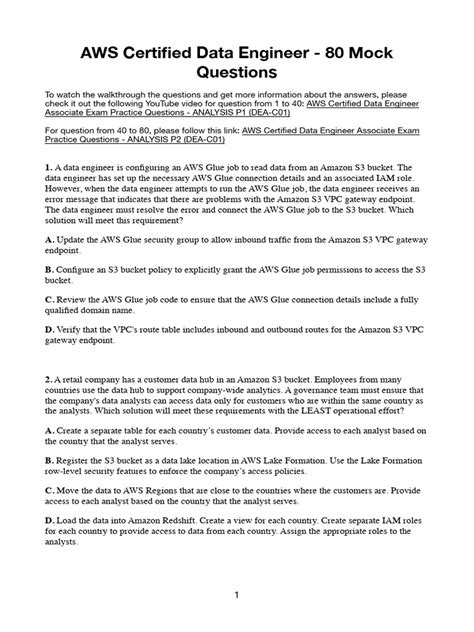 80 Mock Questions Aws Certified Data Engineer Associate Pdf