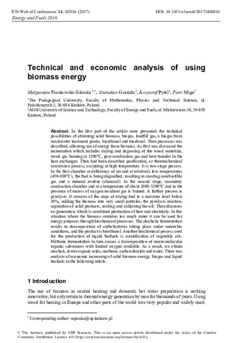 Pdf Technical And Economic Analysis Of Using Biomass Energy