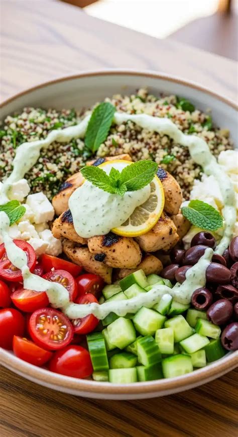Greek Lemon Chicken Bowls With Sizzled Mint Goddess Sauce