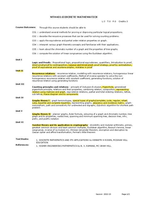 Discrete Mathematics Syllebus Mth401discrete Mathematics Course