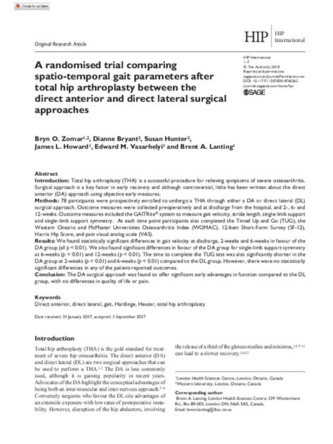 Pdf A Randomised Trial Comparing Spatio Temporal Gait Parameters After Total Hip Arthroplasty