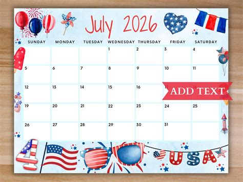 Editable July 2026 Summer Calendar Printable Fourth Of July Calendar