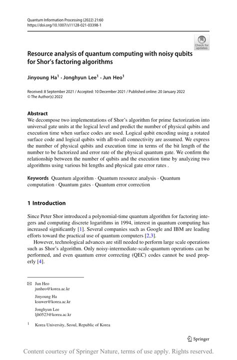 (PDF) Resource analysis of quantum computing with noisy qubits for Shor’s factoring algorithms