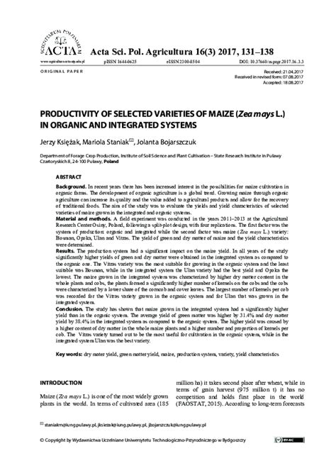 Pdf Productivity Of Selected Varieties Of Maize Zea Mays L In
