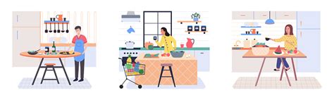 채식 음식을 요리하는 사람들 벡터 일러스트 레이 션입니다 부모와 아이들이 흰색에 고립된 점심을 준비하고 있습니다 부엌에 대한