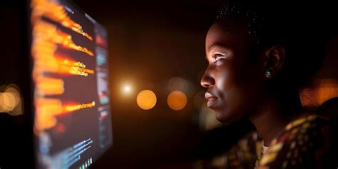 Black Woman It Developer Working On A Computer In A Dimly Lit Office Concept Black Woman It