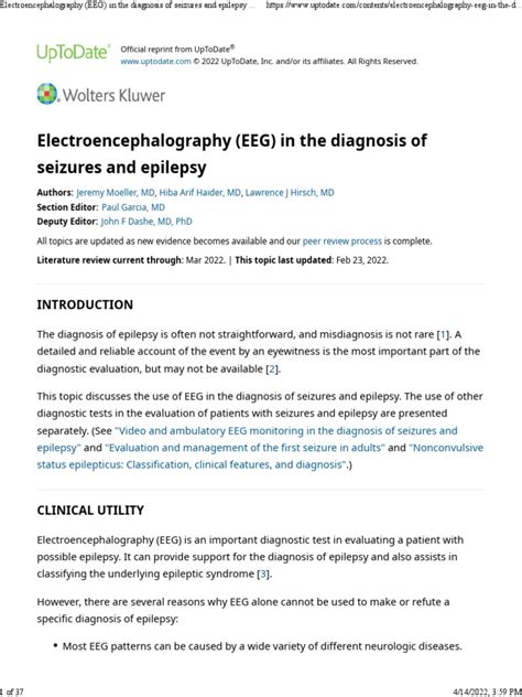 Electroencephalography Eeg In The Diagnosis Of Seizures And Epilepsy Uptodate Pdf Pdf