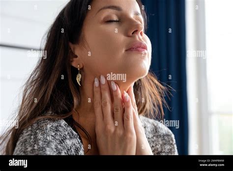 Young Woman Self Examination Thyroid Gland Hashimoto Or Thyroid Cancer