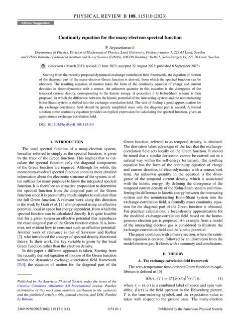 Pdf Continuity Equation For The Many Electron Spectral Function