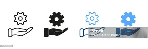기술 지원 톱니 바퀴 블랙 및 컬러 픽토그램 기어 라인과 실루엣 아이콘 세트를 손에 들고 있습니다 흰색 배경에 기술 유지 관리