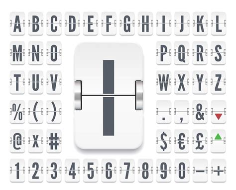 흰색 공항 터미널 기계적 플립 스코어보드 알파벳 글꼴에는 증권 환율 또는 항공편 출발 목적지 정보 및 시간표 벡터 그림이