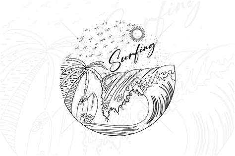 서핑 서핑 보드 라인 아트 티셔츠 디자인 일러스트 무료 다운로드 Lovepik