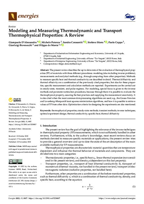 Pdf Modeling And Measuring Thermodynamic And Transport Thermophysical Properties A Review