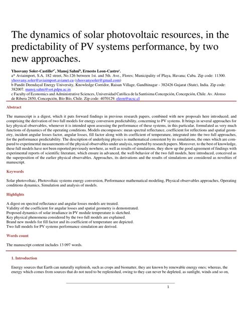 Pdf The Dynamics Of Solar Photovoltaic Resources In The Predictability Of Pv Systems
