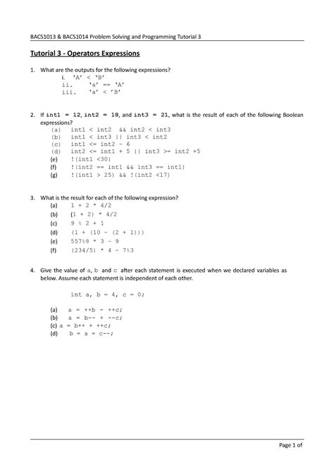 Tutorial 3 Bacs1013 And Bacs1014 Problem Solving And Programming