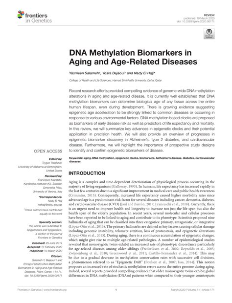 Pdf Dna Methylation Biomarkers In Aging And Age Related Diseases