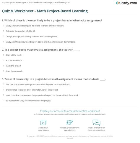 Quiz And Worksheet Math Project Based Learning