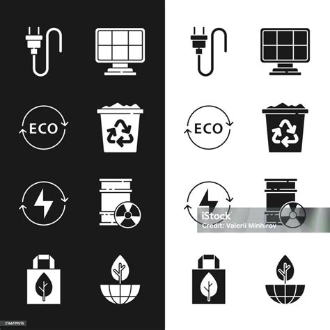 재활용품으로 휴지통 설정 친환경 건강 식품 라벨 전기 플러그 태양 에너지 패널 번개 볼트 방사성 폐기물 통 지구 지구 및 식물 및 쇼핑백 아이콘 벡터 검은색에 대한 스톡