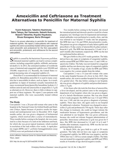 Pdf Amoxicillin And Ceftriaxone As Treatment Alternatives To Penicillin For Maternal Syphilis