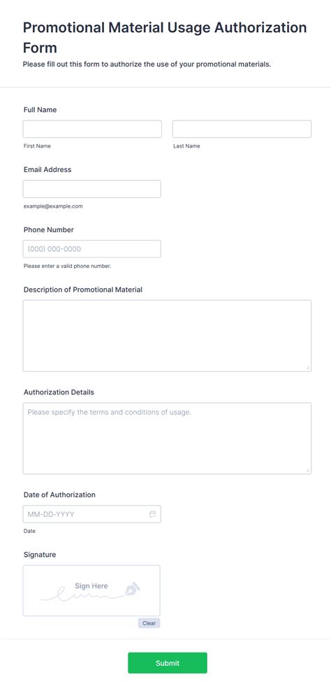 Promotional Material Usage Authorization Form Template Jotform