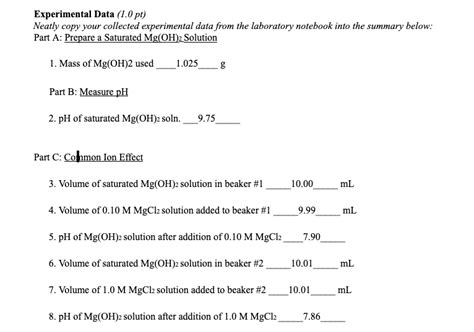 solved experimental data 1 0 pt neatly copy your collected