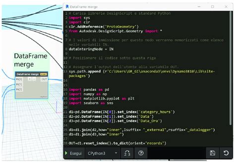 on the left the data frame merge node and on the right its python
