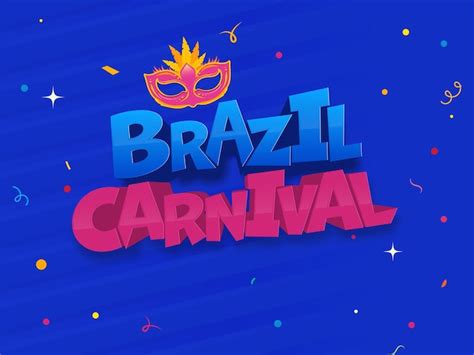 색종이 파란색 배경에 3d 브라질 카니발 텍스트 및 파티 깃털 마스크 프리미엄 벡터
