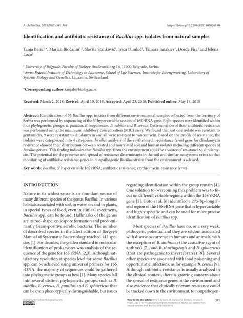 Pdf Identification And Antibiotic Resistance Of Bacillus Spp
