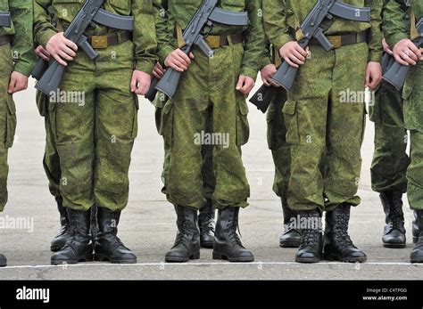 Russian Soldiers In Camouflage Suit With Machine Guns Kalashnikov Stock