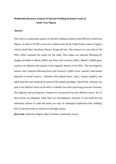 Pdf Multimodal Discourse Analysis Of Selected Wedding Invitation Cards In South East Nigeria