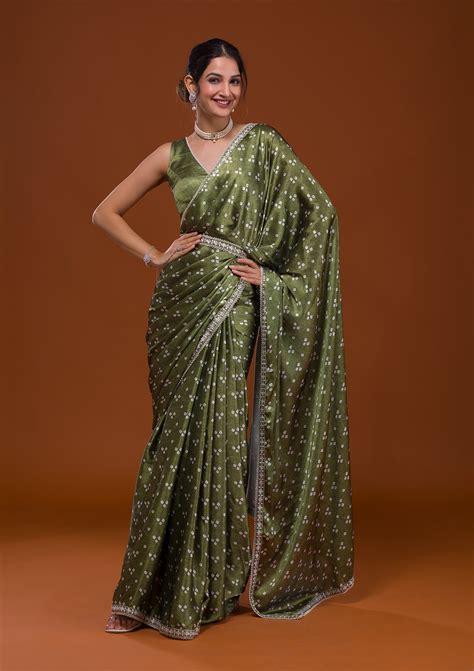 Buy Mehendi Bandhani Satin Saree Koskii