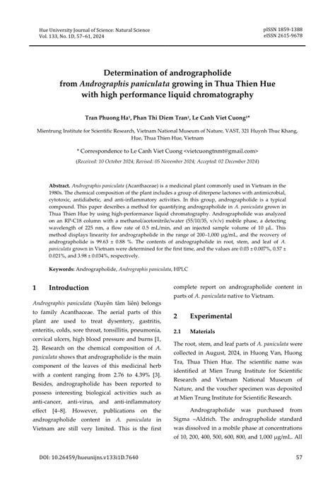 Pdf A Determination Of Andrographolide From Andrographis Paniculata Growing In Thua Thien Hue